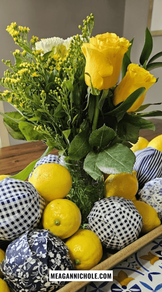 $15 Italian Themed Centerpiece with Lemons and Grocery Store Flowers